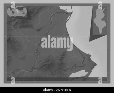 Ariana, governorate of Tunisia. Grayscale elevation map with lakes and ...