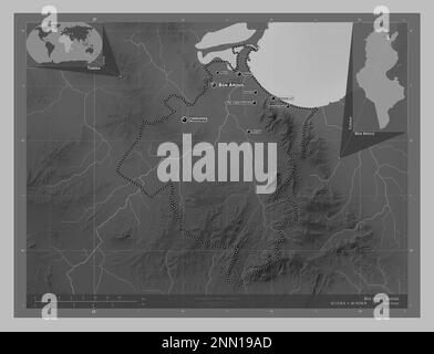 Ben Arous, governorate of Tunisia. Grayscale elevation map with lakes and rivers. Corner ...