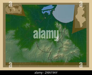 Ben Arous, governorate of Tunisia. Colored elevation map with lakes and ...