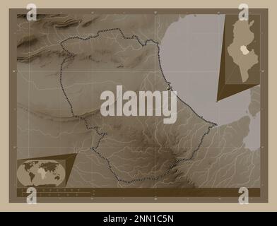 Gabes, governorate of Tunisia. Colored elevation map with lakes and ...