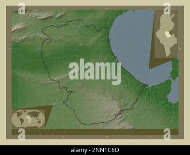 Gabes, governorate of Tunisia. Colored elevation map with lakes and ...