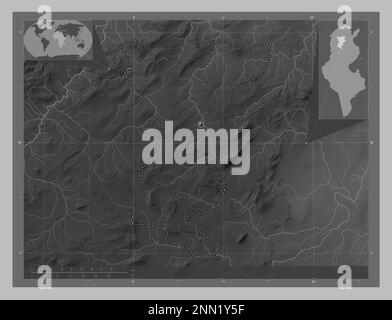 Siliana, governorate of Tunisia. Grayscale elevation map with lakes and ...