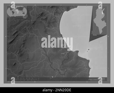 Sousse, governorate of Tunisia. Grayscale elevation map with lakes and ...