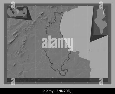 Sousse, governorate of Tunisia. Bilevel elevation map with lakes and ...