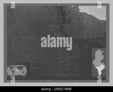 Tataouine, governorate of Tunisia. Grayscale elevation map with lakes ...