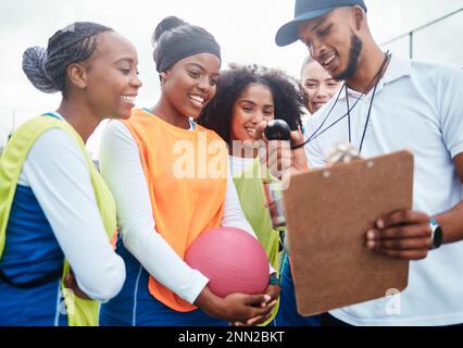 Court, netball and happy coach with women on stand watching game, match ...