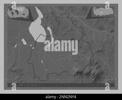 Aksaray, province of Turkiye. Grayscale elevation map with lakes and ...
