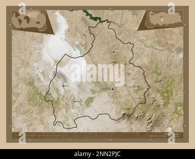 Aksaray, province of Turkiye. Low resolution satellite map. Locations ...