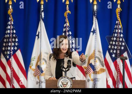 Gov. Gretchen Whitmer speaks before Doug Emhoff, who is the husband of ...