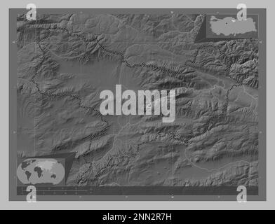 Amasya, province of Turkiye. Grayscale elevation map with lakes and ...