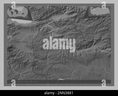 Bilecik, province of Turkiye. Grayscale elevation map with lakes and ...