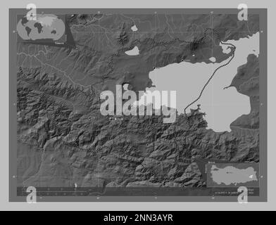 Bitlis, province of Turkiye. Grayscale elevation map with lakes and ...