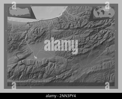 Duzce, province of Turkiye. Grayscale elevation map with lakes and ...