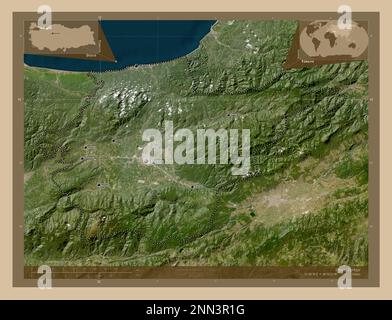 Duzce, province of Turkiye. Low resolution satellite map. Locations of ...