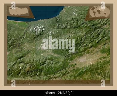 Duzce, province of Turkiye. Low resolution satellite map. Locations of ...