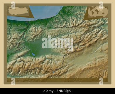 Duzce, province of Turkiye. Colored elevation map with lakes and rivers ...