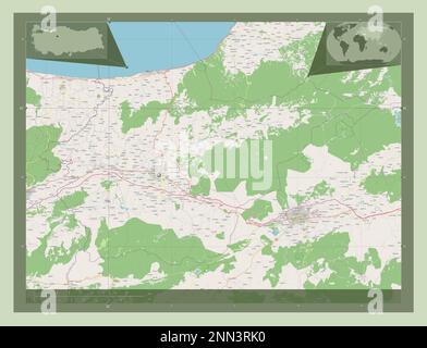 Duzce, province of Turkiye. Open Street Map. Locations of major cities ...