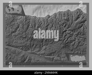 Giresun, province of Turkiye. Grayscale elevation map with lakes and ...