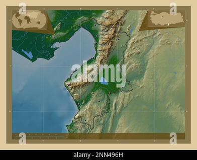 Hatay, province of Turkiye. Colored elevation map with lakes and rivers ...
