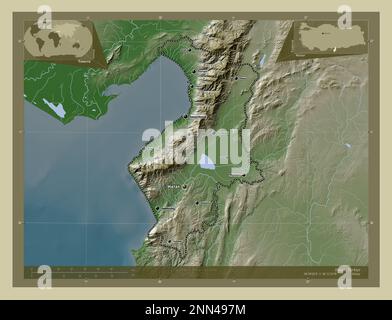 Hatay, province of Turkiye. Colored elevation map with lakes and rivers ...