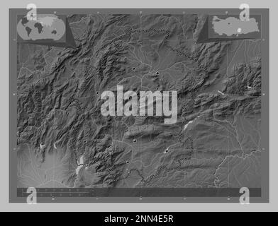 Kahramanmaras, province of Turkiye. Grayscale elevation map with lakes ...