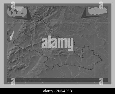 Kilis, province of Turkiye. Grayscale elevation map with lakes and ...