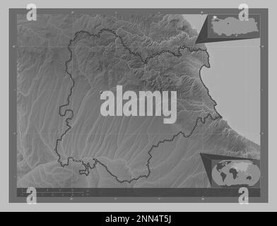 Kirklareli, province of Turkiye. Grayscale elevation map with lakes and ...