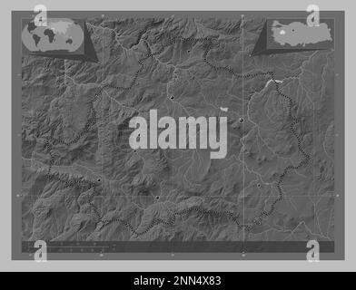 Kutahya, province of Turkiye. Grayscale elevation map with lakes and ...