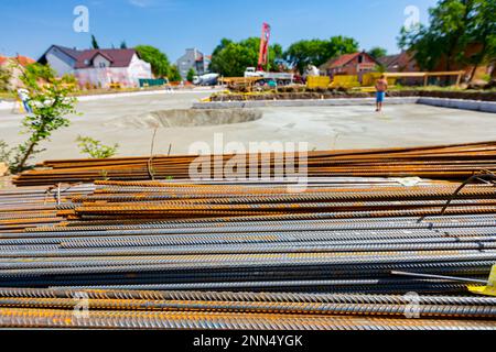 Close up shot of bundles of steel bars reinforcement ready for ...