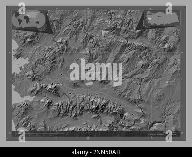 Manisa, province of Turkiye. Bilevel elevation map with lakes and ...
