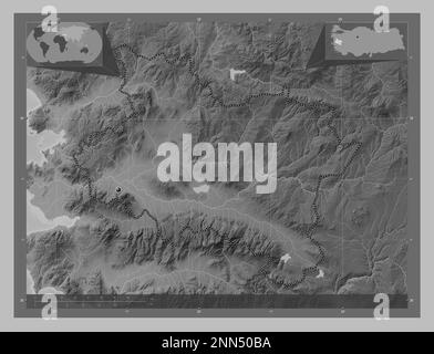 Manisa, province of Turkiye. Grayscale elevation map with lakes and ...