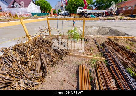 Tied bundles of steel bars reinforcement ready for installation ...
