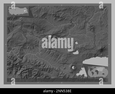 Mus, province of Turkiye. Grayscale elevation map with lakes and rivers ...