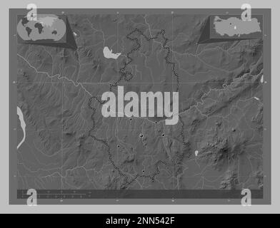 Nevsehir, province of Turkiye. Grayscale elevation map with lakes and ...