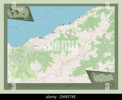 Rize, province of Turkiye. Open Street Map. Locations of major cities ...