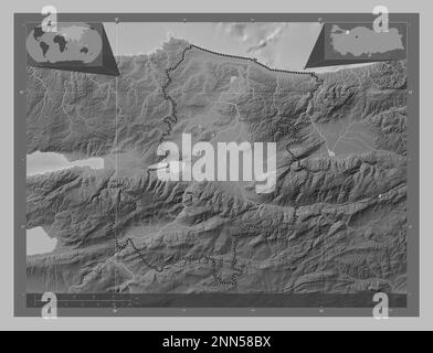 Sakarya, province of Turkiye. Grayscale elevation map with lakes and ...