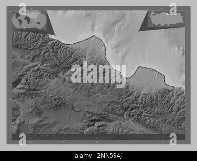 Samsun, province of Turkiye. Grayscale elevation map with lakes and ...