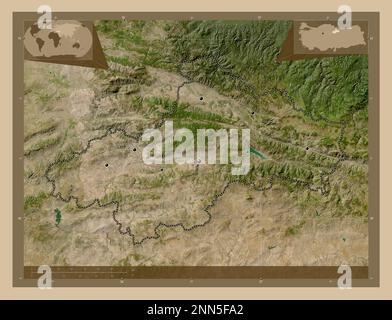Tokat, province of Turkiye. Low resolution satellite map. Locations and ...