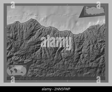 Trabzon, province of Turkiye. Grayscale elevation map with lakes and ...