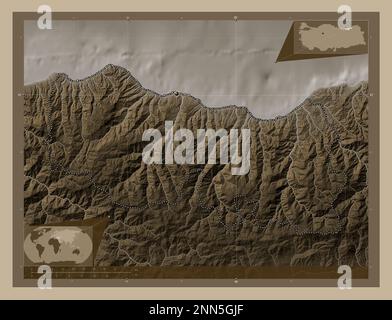 Trabzon, province of Turkiye. Colored elevation map with lakes and ...