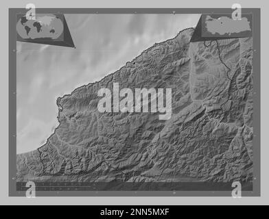 Zonguldak, province of Turkiye. Grayscale elevation map with lakes and ...