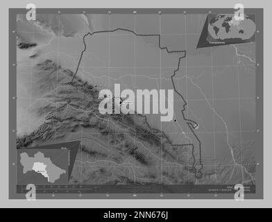 Ahal, province of Turkmenistan. Grayscale elevation map with lakes and ...