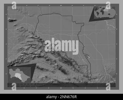 Ahal, province of Turkmenistan. Bilevel elevation map with lakes and ...