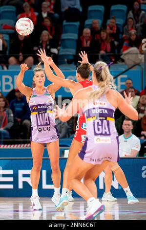 Lara Dunkley and Gretel Bueta of the Firebirds celebrate victory during ...