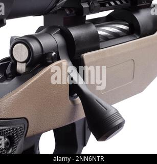 Safety lever activated on a bolt action rifle isolated on white Stock ...