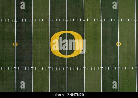 Ana aerial view of the Oregon Ducks logo at midfield of the Stephanie ...