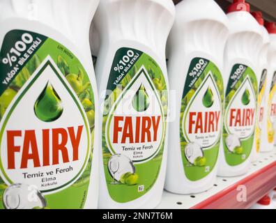 Yerevan, Armenia, Feruary 17, 2023: Fairy detergent logo on bottles of ...