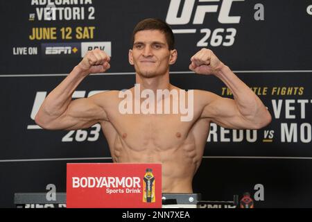 PHOENIX, AZ - JUNE 11: Movsar Evloev steps on the scale for the ...