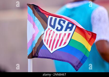 A Pride themed corner flag at a soccer stadium Stock Photo - Alamy