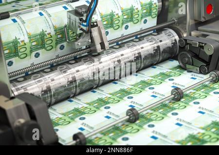 Money printing machine printing 100 euro banknotes. 3D illustration ...